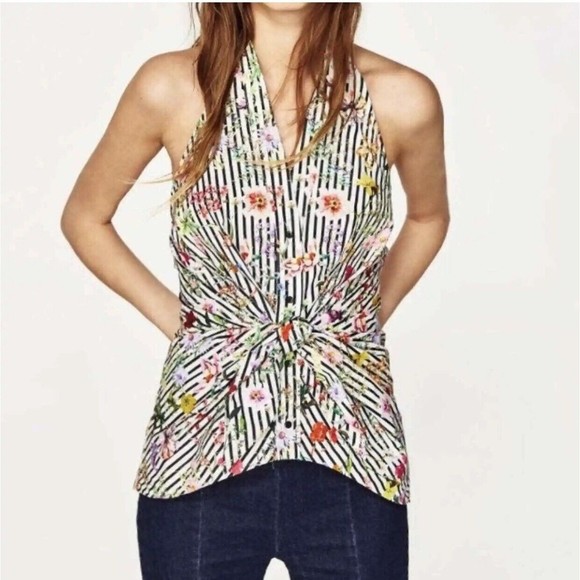 Zara | Tops | Zara Stripe Floral Print Halter Top Low Back Button Tie ...